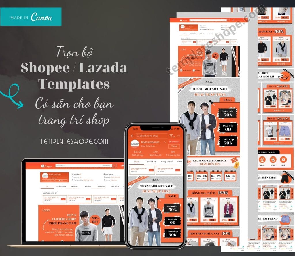 Shopee/Lazada template ngành thời trang nam, giày dép nam, balo & túi ...